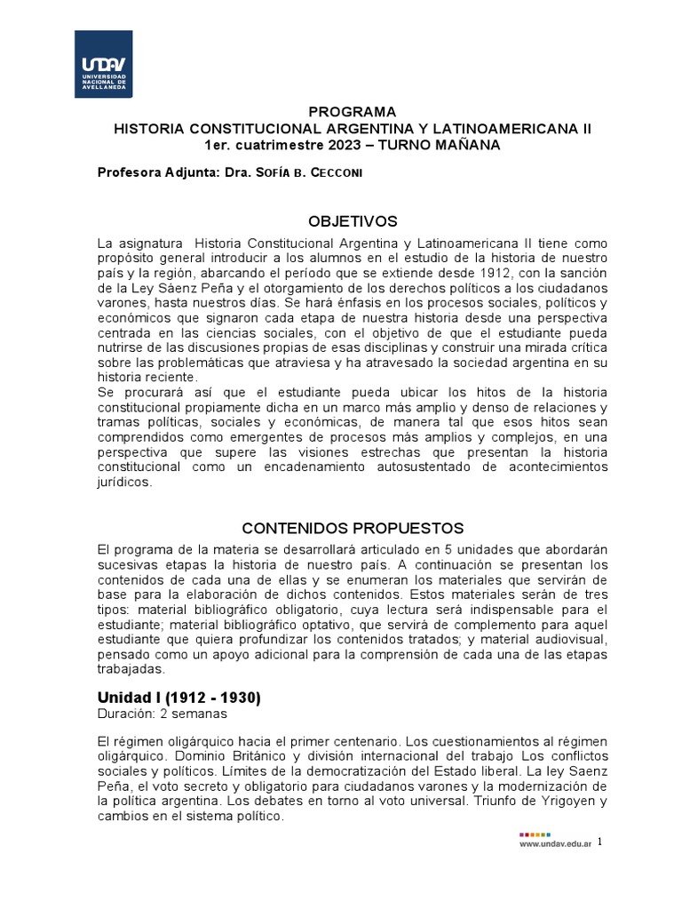 Programa Historia Constitucional II, TM 1er Cuatrimestre 2023 | PDF ...