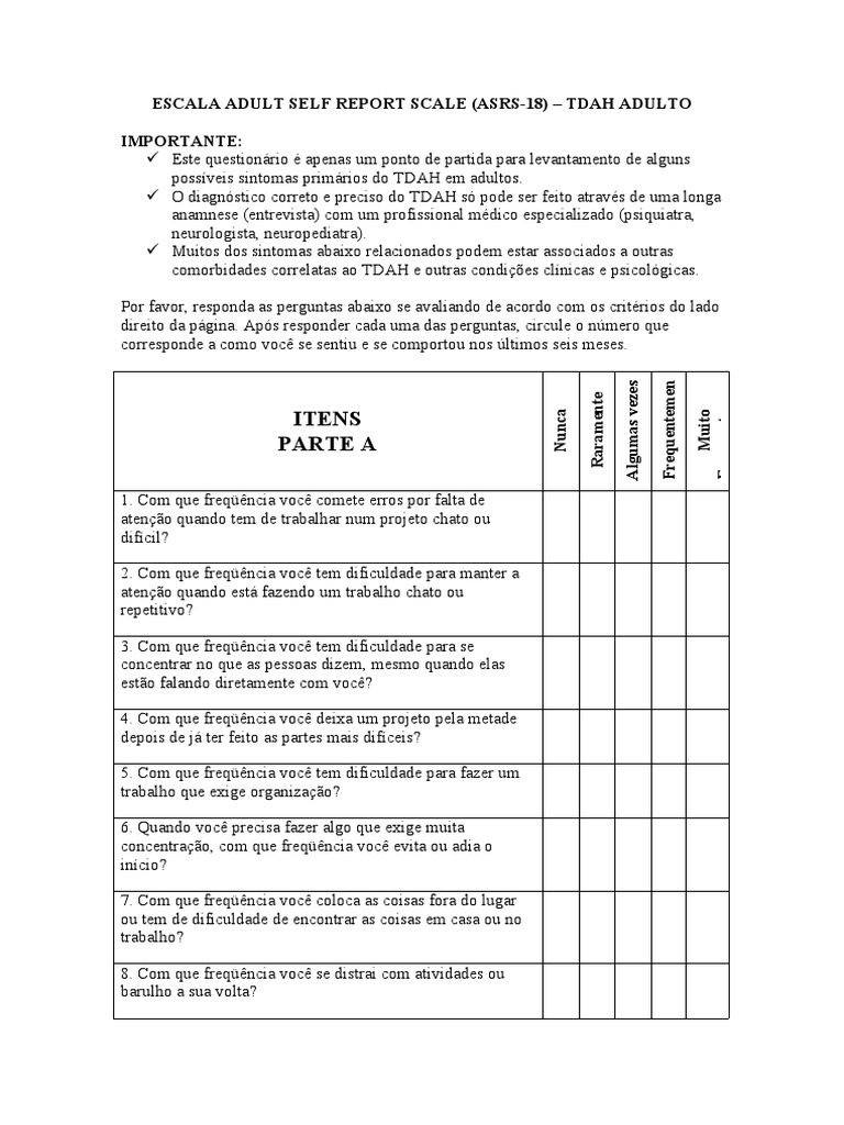 Escala ASRS-18 para TDAH em Adultos | PDF | Transtorno de déficit de ...