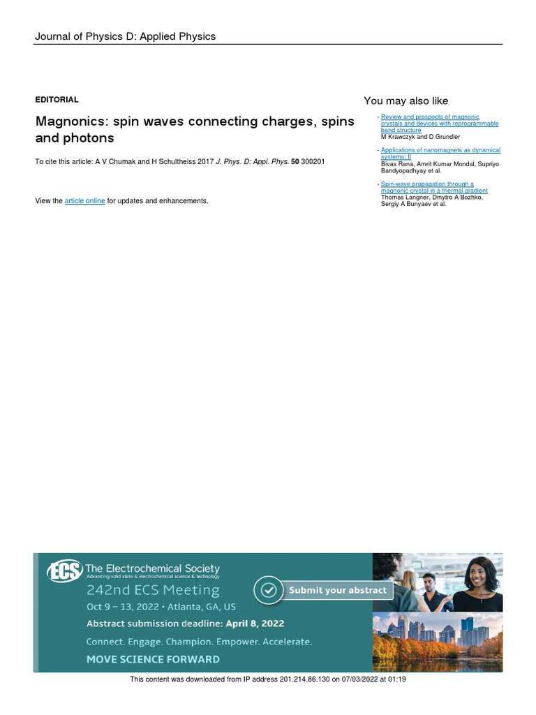 Chumak 2017 J. Phys. D Appl. Phys. 50 300201 | PDF | Spin (Physics) | Magnetism