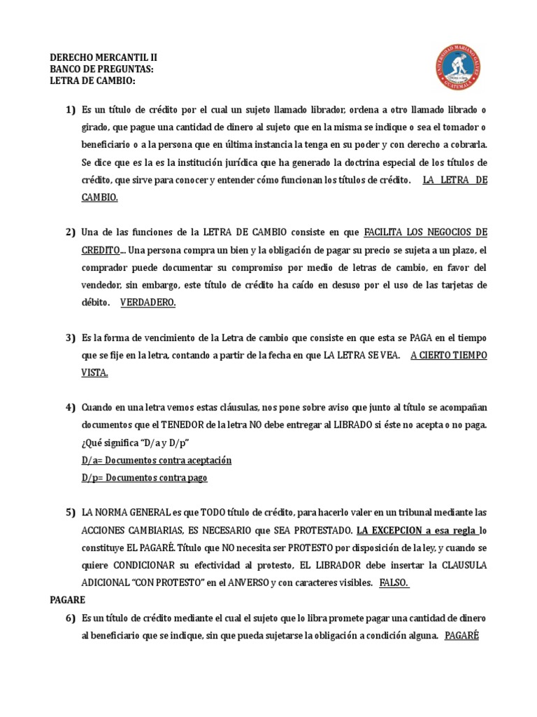 Banco de Preguntas, Seccion A Derecho Mercantil II | PDF