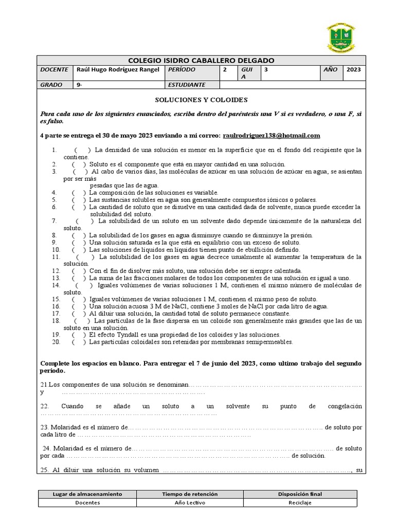 SOLUCIONES Y COLOIDES-refuerzo 9-2023 - ) | PDF | Solubilidad | Química