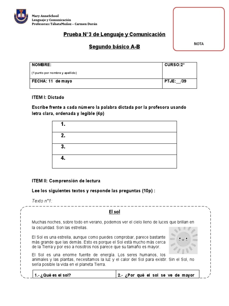 Prueba Lenguaje 2º Gramática (Art-sust-Adj) Mayo | PDF | Dom | Cielo