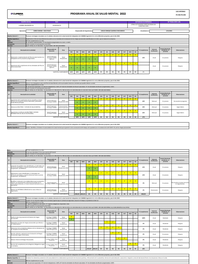 PE-HSE-PG-005 Programa Anual de Salud Mental 2023 v0 | Descargar gratis PDF | Seguridad y salud ...
