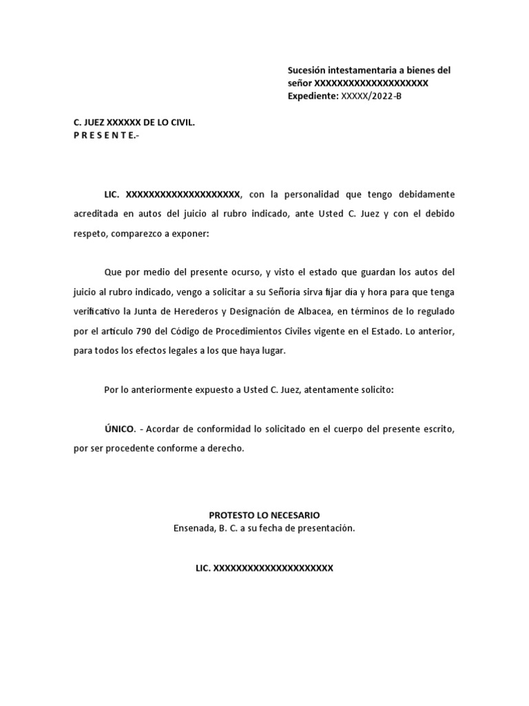 Escrito Solicitar Fecha para Junta de Herederos y Designación de Albacea | PDF