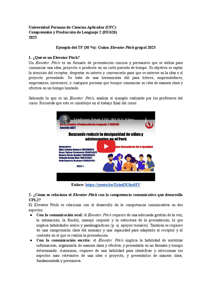 Ejemplo Del TF (30 - ) - Guion Elevator Pitch Grupal 2023 | PDF
