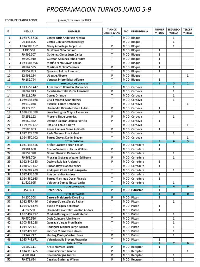 Programación de Turnos y Personal Junio 2023 | PDF