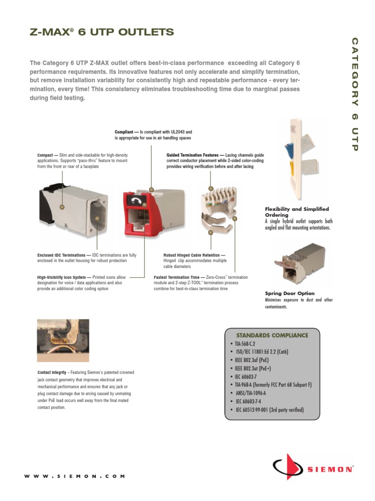 Siemon Z Max 6 Utp Outlets - Spec Sheet | PDF | Electrical Connector ...