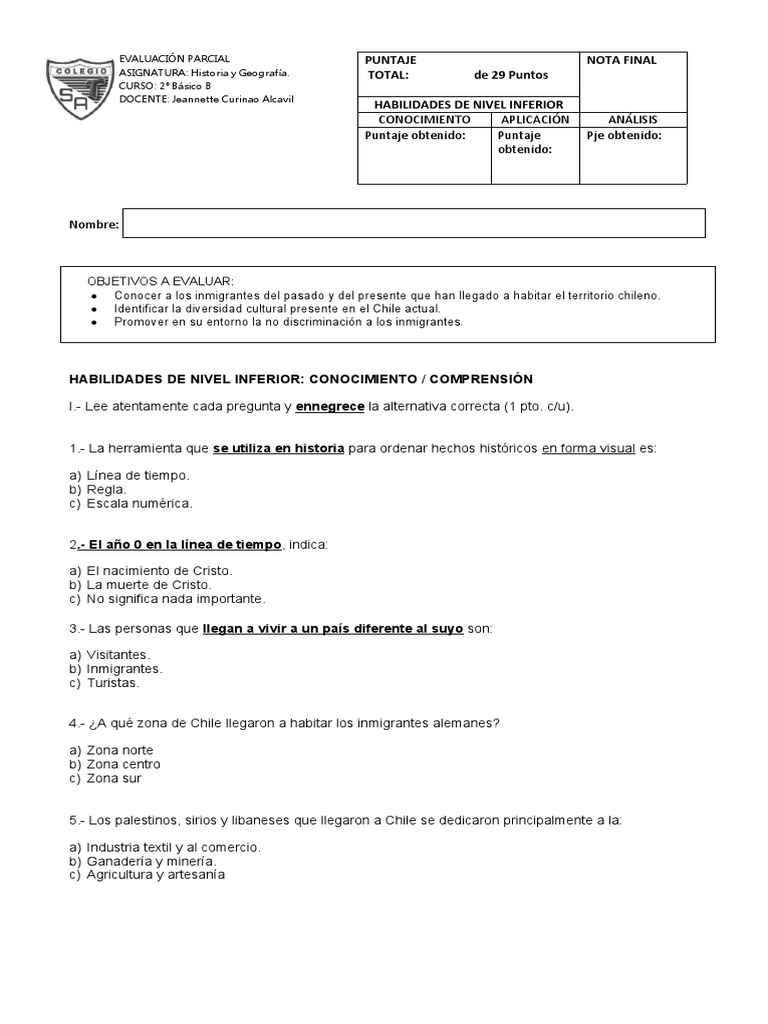 Prueba Historia Inmigrantes Del Paassdo y Del Presente | PDF | Chile
