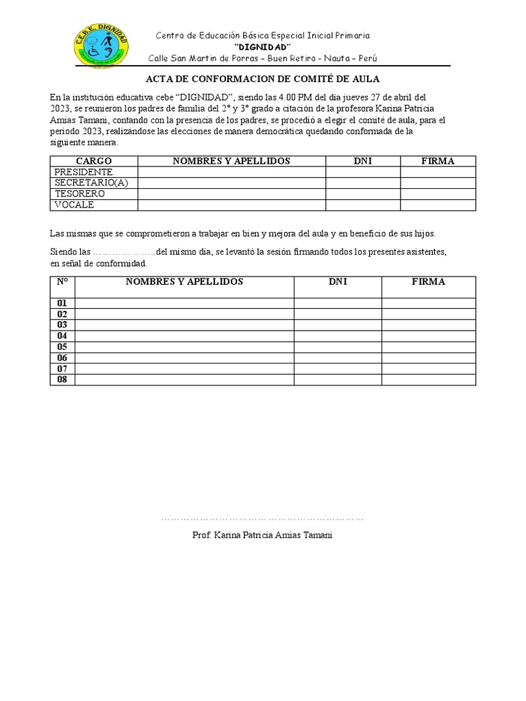 Acta de Conformacion de Comité de Aula | PDF