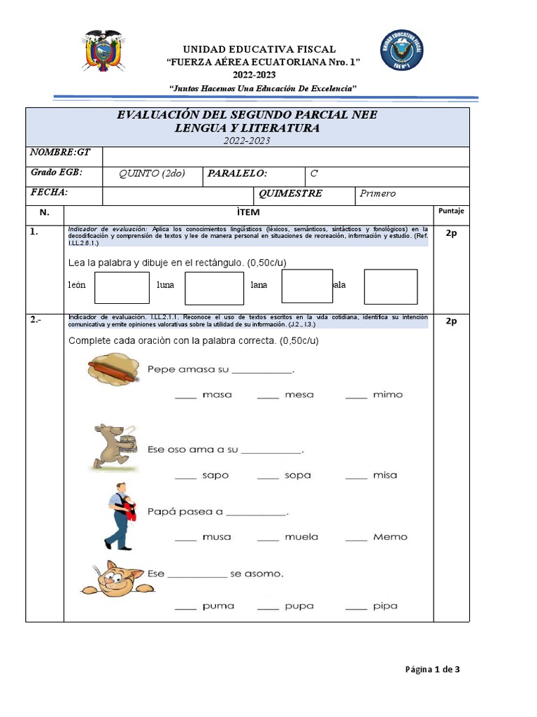 Evaluacion Ll Nee 2 22 23 Pdf Palabra Ciencia Cognitiva 8266