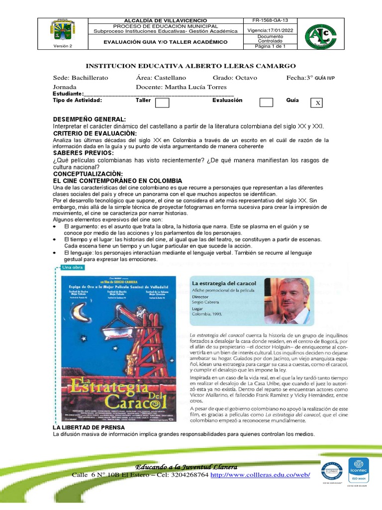 Guía 3 Castellano 8º El Cine Contemporáneo en Colombia - Ivp | PDF