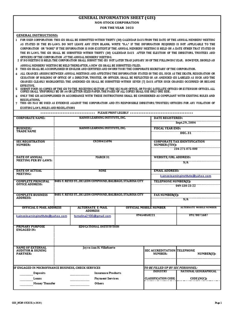 2022FORM - GIS-Non-Stock 2023 | PDF | Securities (Finance) | Board Of ...