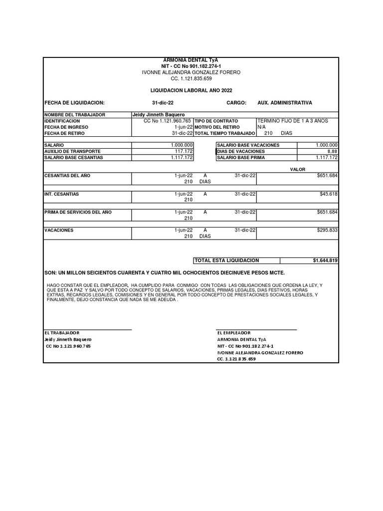 Liquidación Laboral Jeidy Baquero 2022 | PDF | Salario | Labor