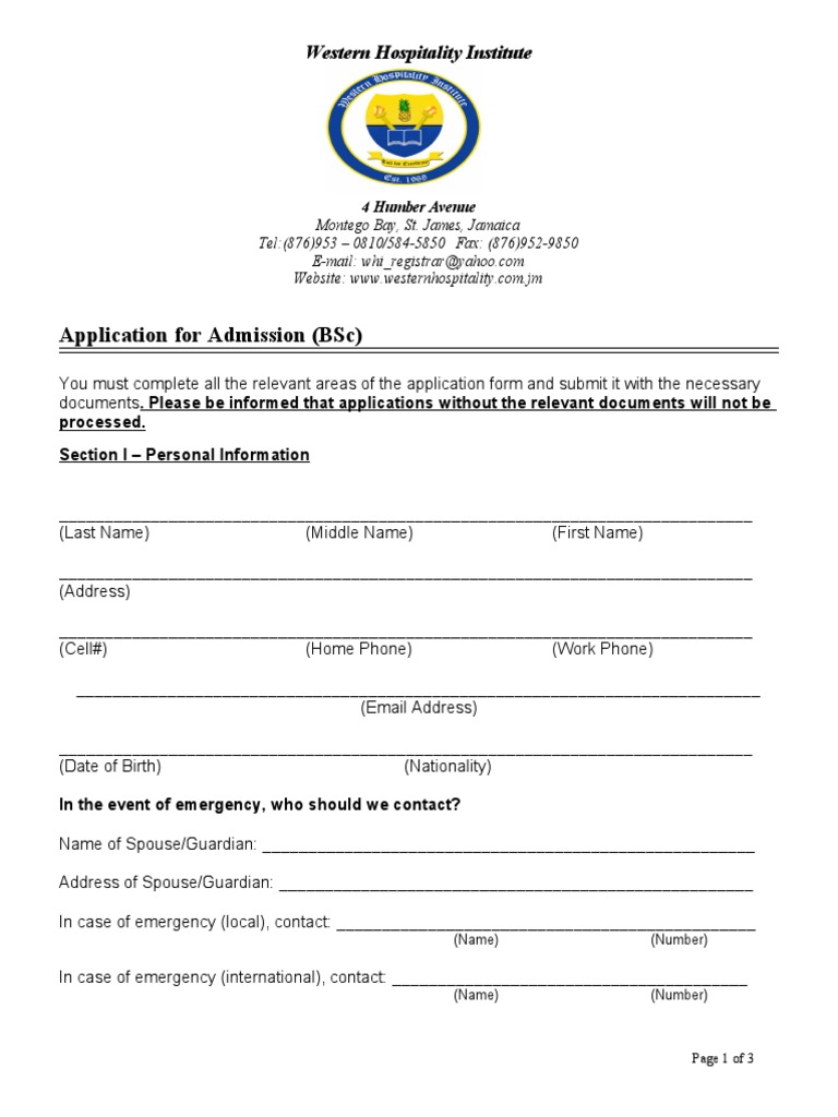 Western Hospitality Institute B.sc. Application Fomr | PDF