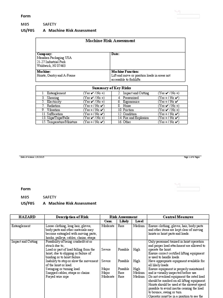 M05 F05 Machine Risk Assessment Hoists | PDF | Risk | Risk Assessment