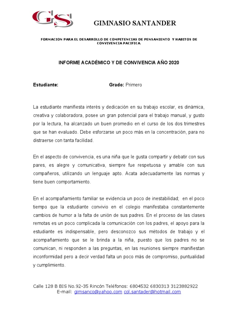 Informe Academico y de Convivencia | PDF