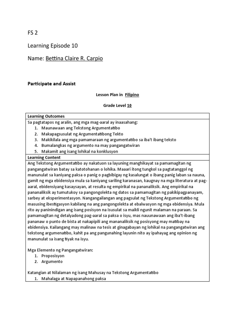 FS 2 - Learning Episode 10 - Writing My Learning-Lesson Plans | PDF