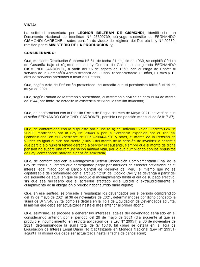 Modelo Resolución Viudez 100% | PDF | Pensión | Liquidación