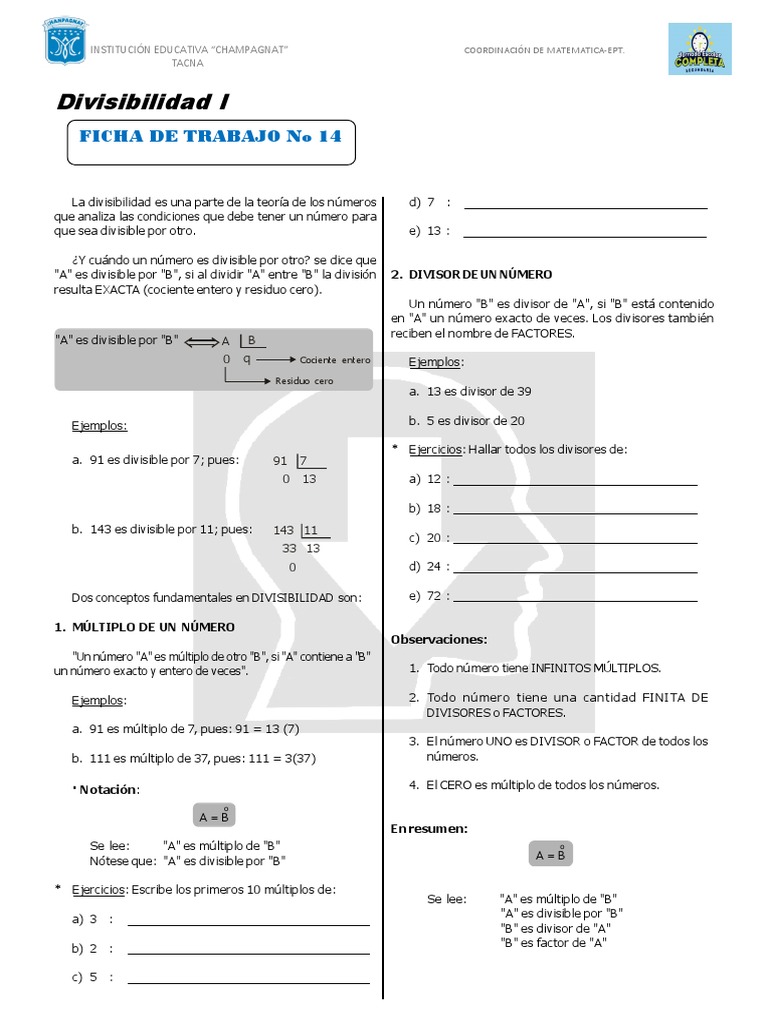 Hoja De Trabajo Práctica De Reglas De Divisibilidad Ficha Criterio De