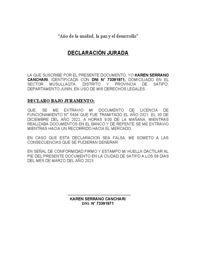 Declaracion Jurada Por Perdida de Dni | PDF