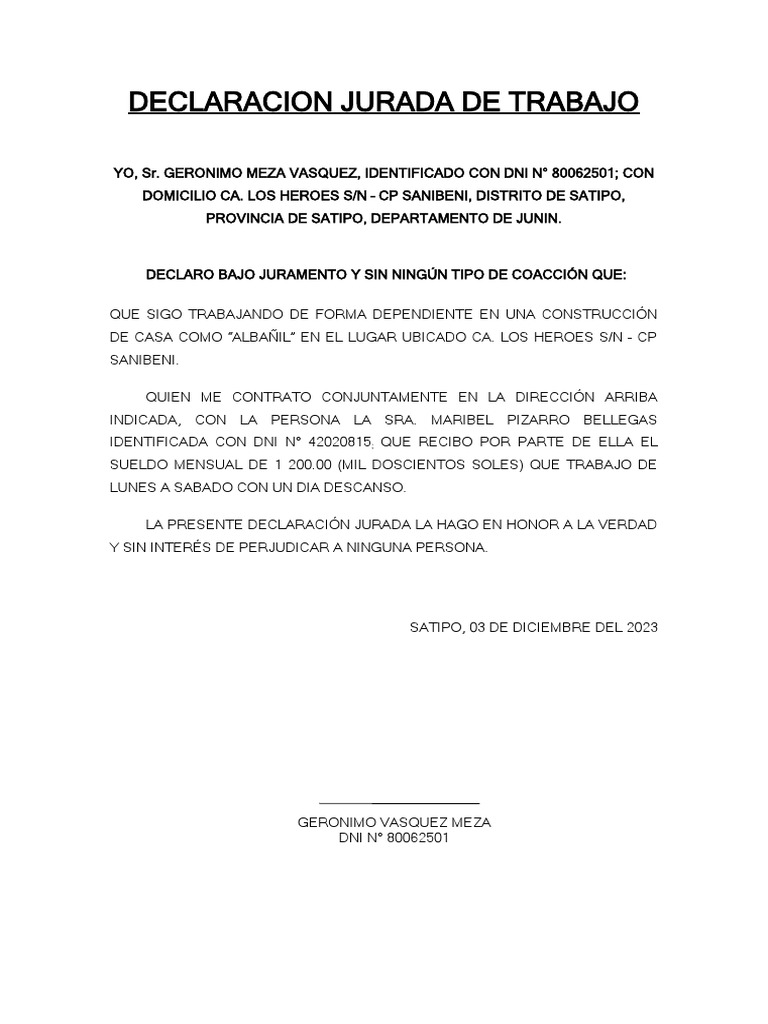 Declaracion Jurada De Trabajo Pdf 1755