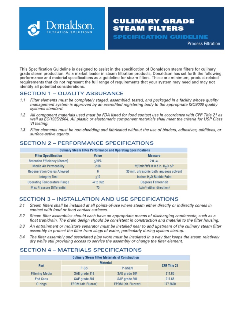 Culinary Grade Steam Filters Specification Guideline | PDF | Filtration | Valve