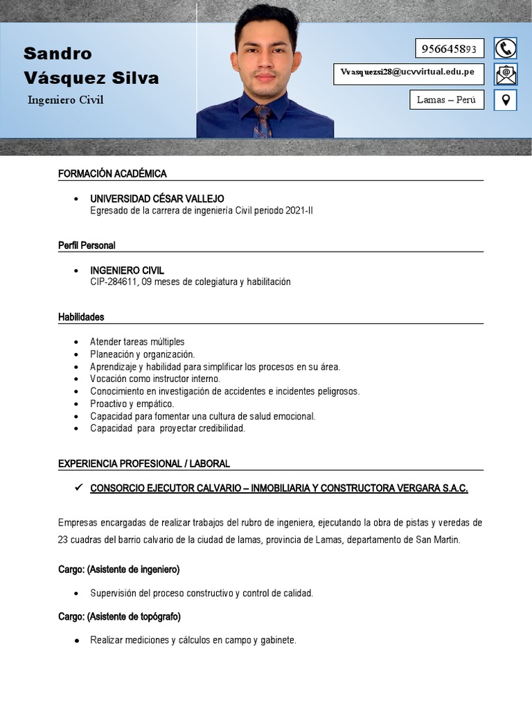 CV Sandro Vasquez | PDF | Ingeniero civil | Ingeniería