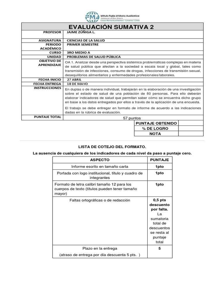 Evaluación Sumativa 2 Cs de La Salud | PDF | Evaluación | Rúbrica (Académica)