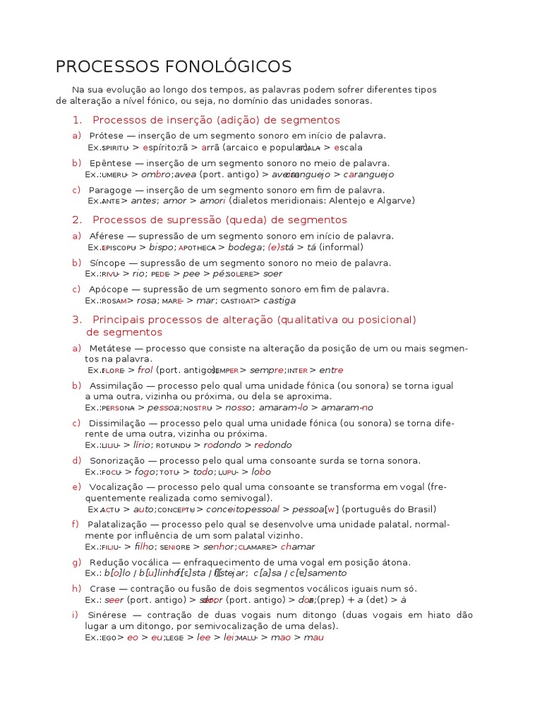 Ficha Informativa Portugues Processos Fonologicos | PDF | Vogal | Idiomas