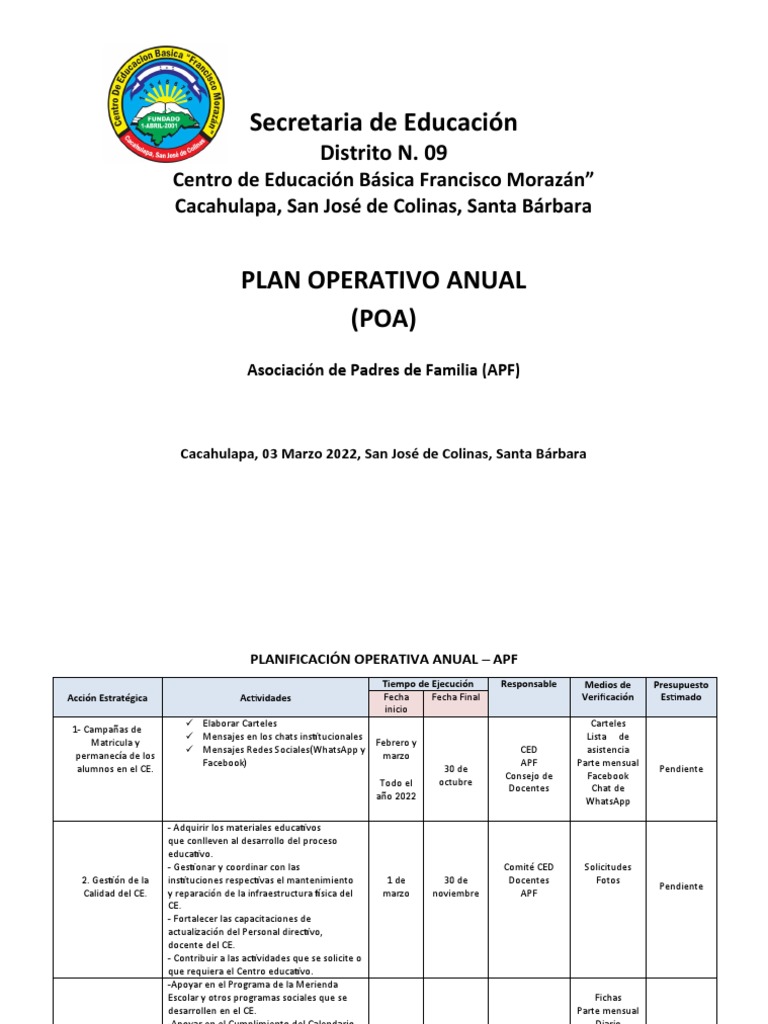 POA - APF 2022 CEB Francisco Morazán | PDF | Enseñando | Maestros