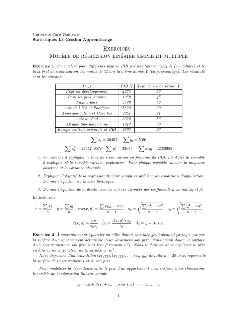 Exercices sur la régression linéaire | PDF | Régression linéaire | Test ...