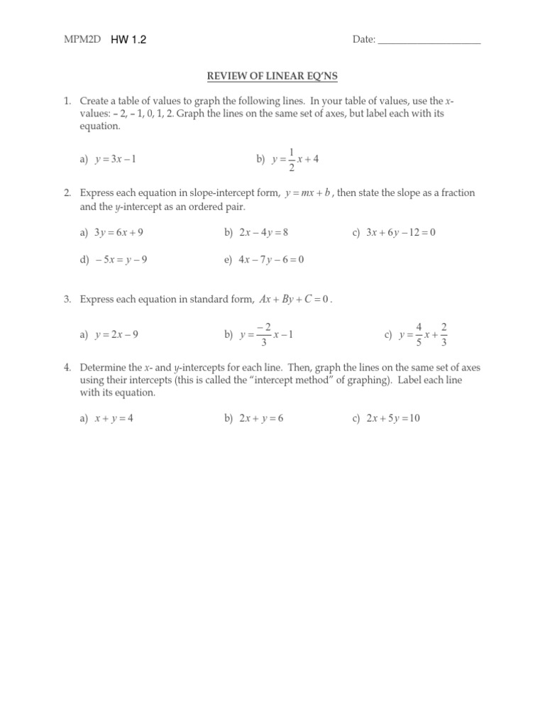1.2 HW Review of Linear Equations | PDF