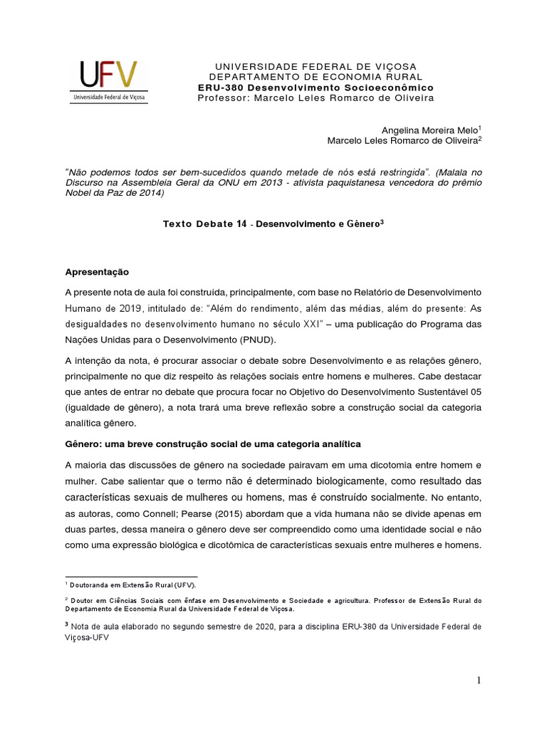 Nota de Aula 14. ERU 380 | PDF | Estudos de Gênero | Gênero