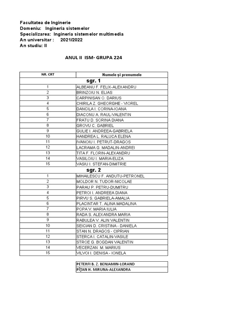 Anul 2 ISM - Grupa 224 - SGR - 1 - 2 | PDF