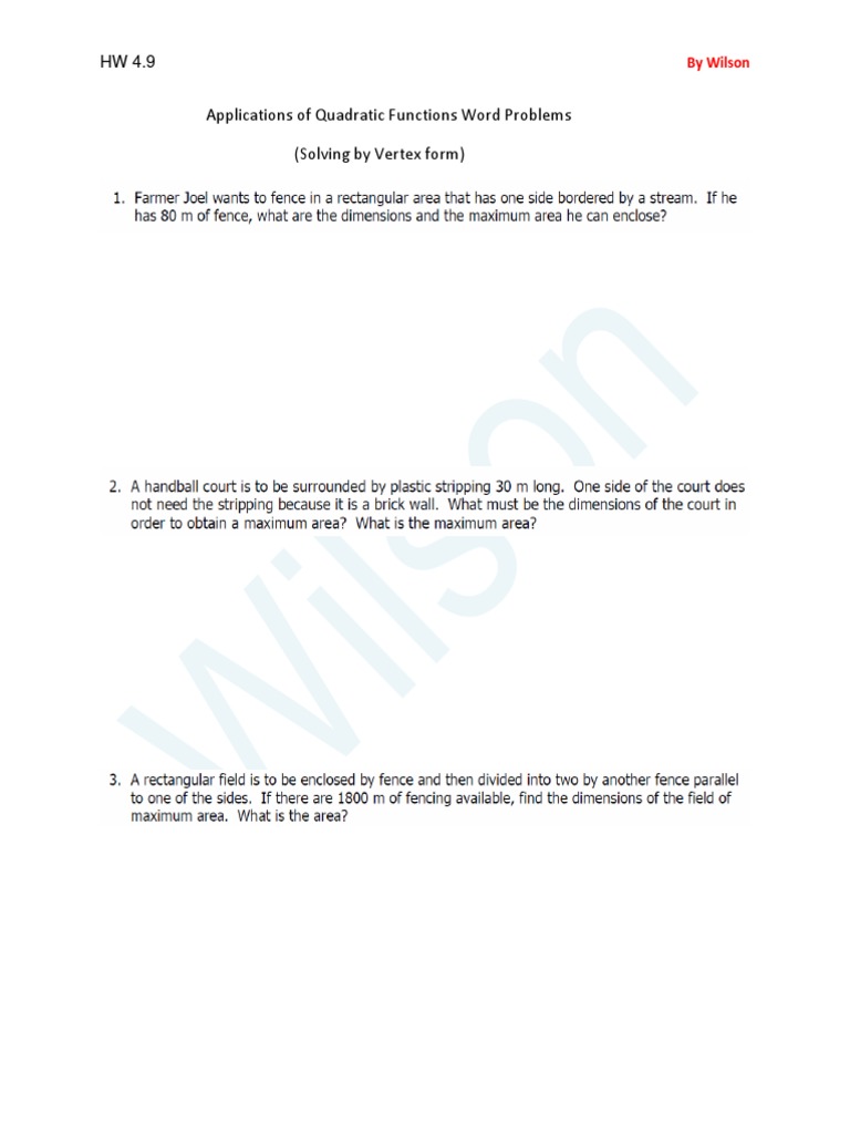 HW 4.9 Applications of Quadratic Functions | PDF
