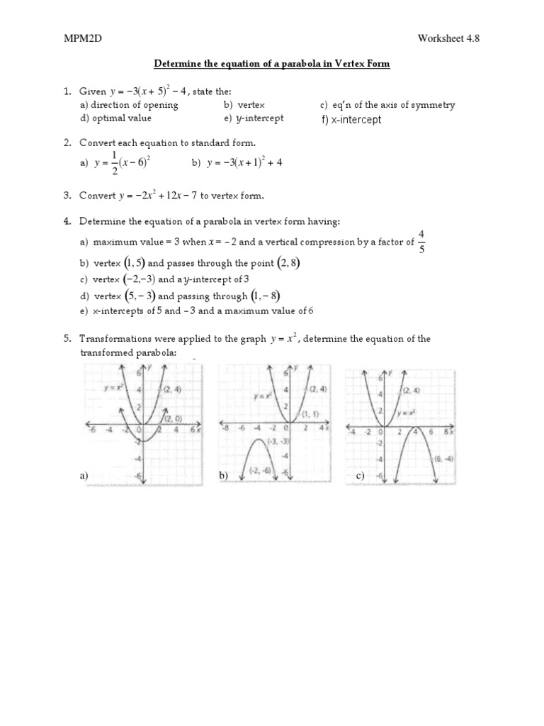 HW 4.8 - Determining The Equation of Parabolas | PDF
