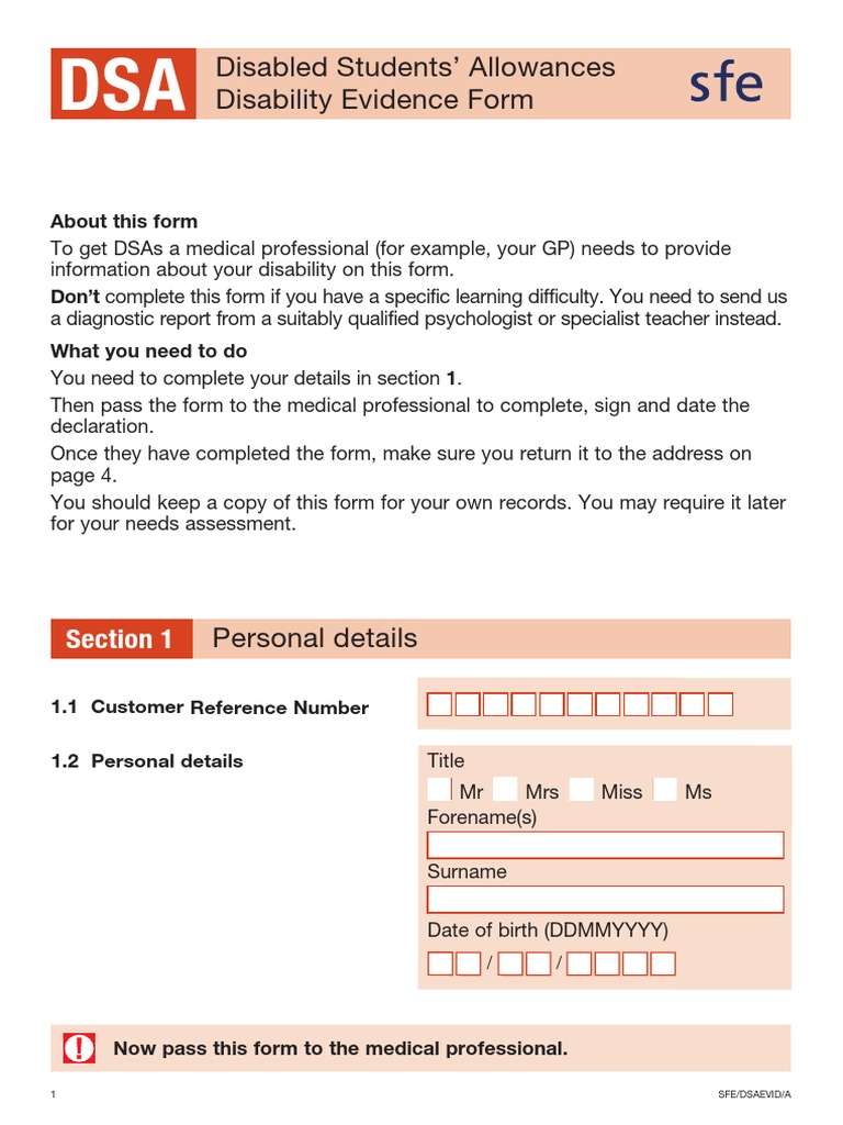 SFE DSA Disability Evidence Form | PDF | Learning Disability | Health ...