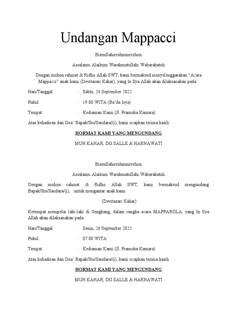 Undangan Acara Mappacci dan Mapparola | PDF