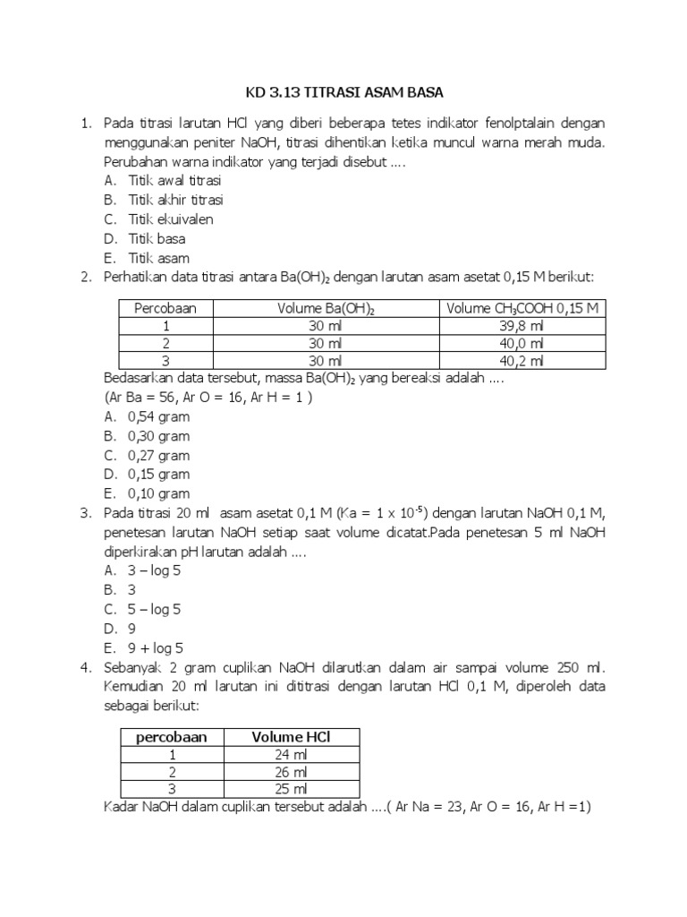 Soal Latihan Titrasi Asam Basa | PDF Soal Latihan Titrasi Asam Basa | PDF