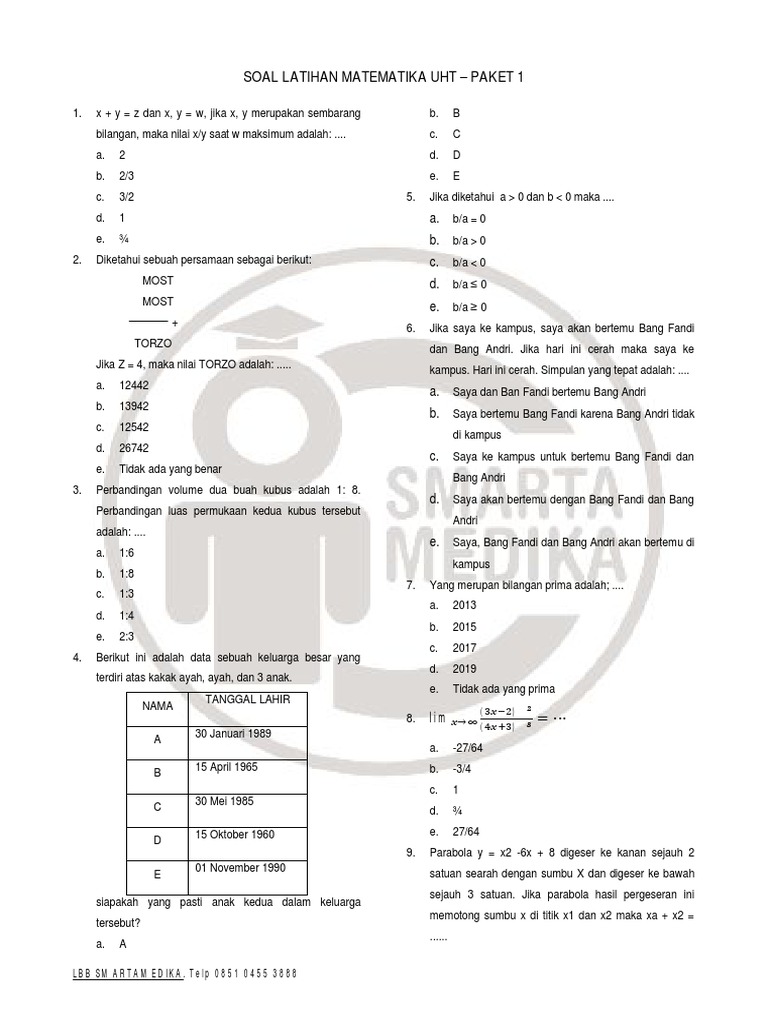 Soal Latihan Matematika Uht Paket 1 | PDF