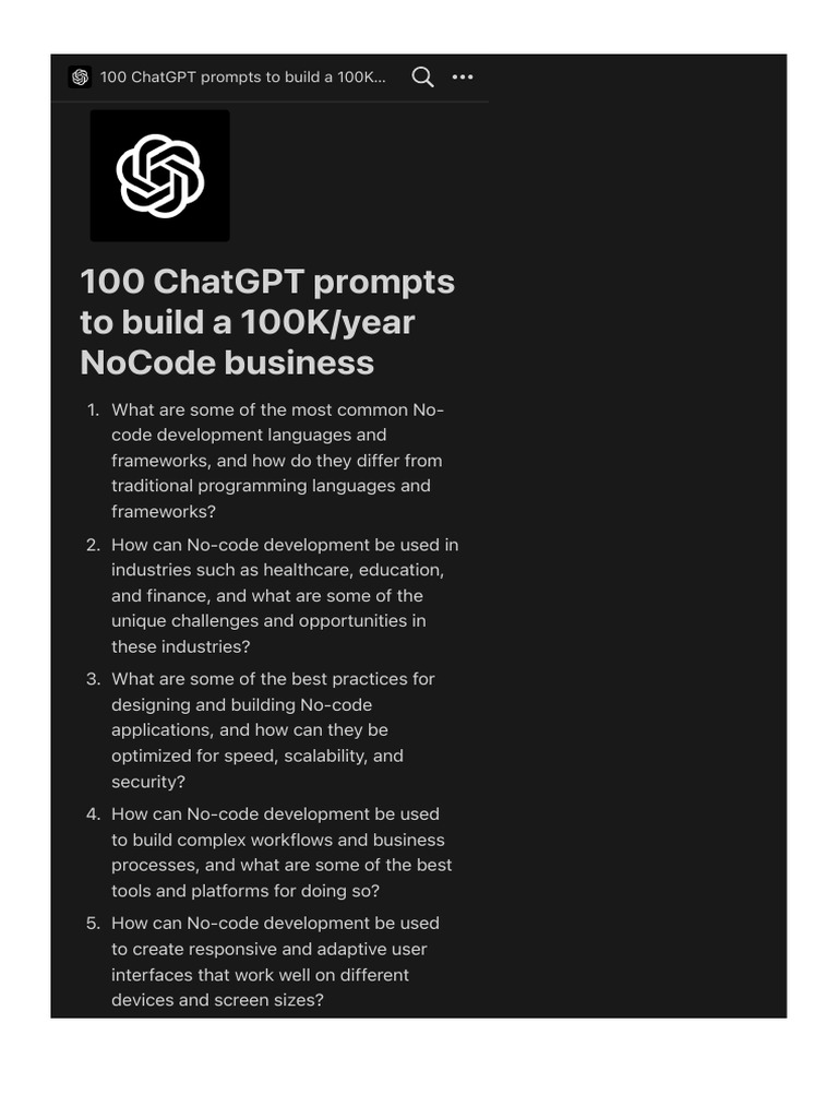 100 ChatGPT Prompts To Build A 100K-Year NoCode Business | PDF | Social Media | Popular Culture ...