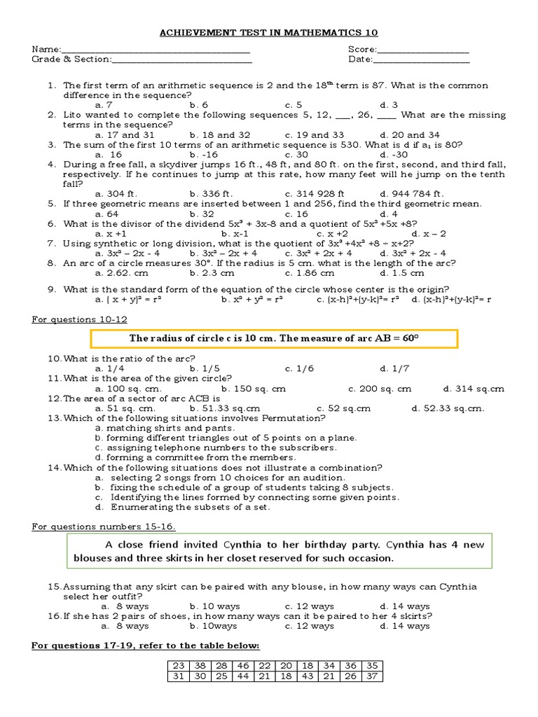 Achievement Test in Mathematics 10 | PDF | Percentile | Mathematics