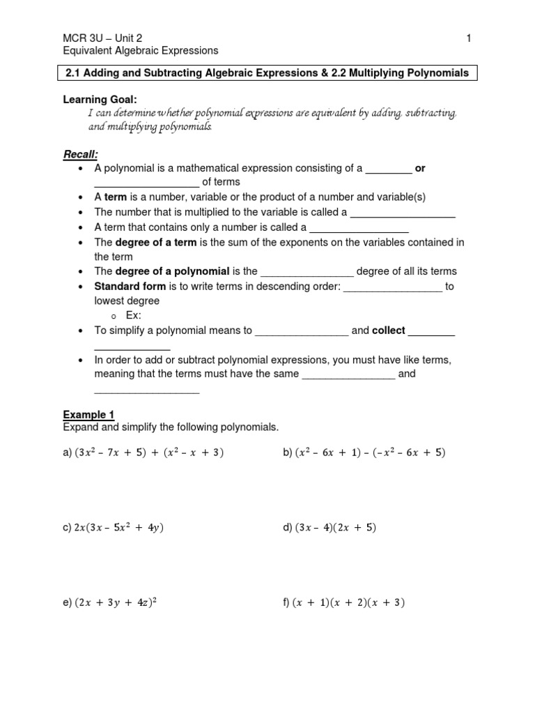 Grade 11 Functions Unit 2 - Equivalent Algebraic Expressions Student ...
