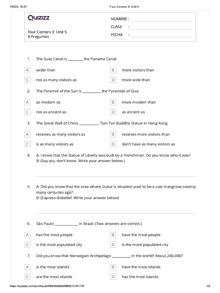Four Corners 3: Unit 5 Quiz Answers | PDF