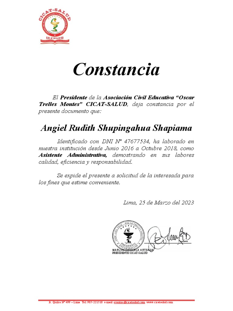 Constancia Trabajo Asistente Administrativa | PDF