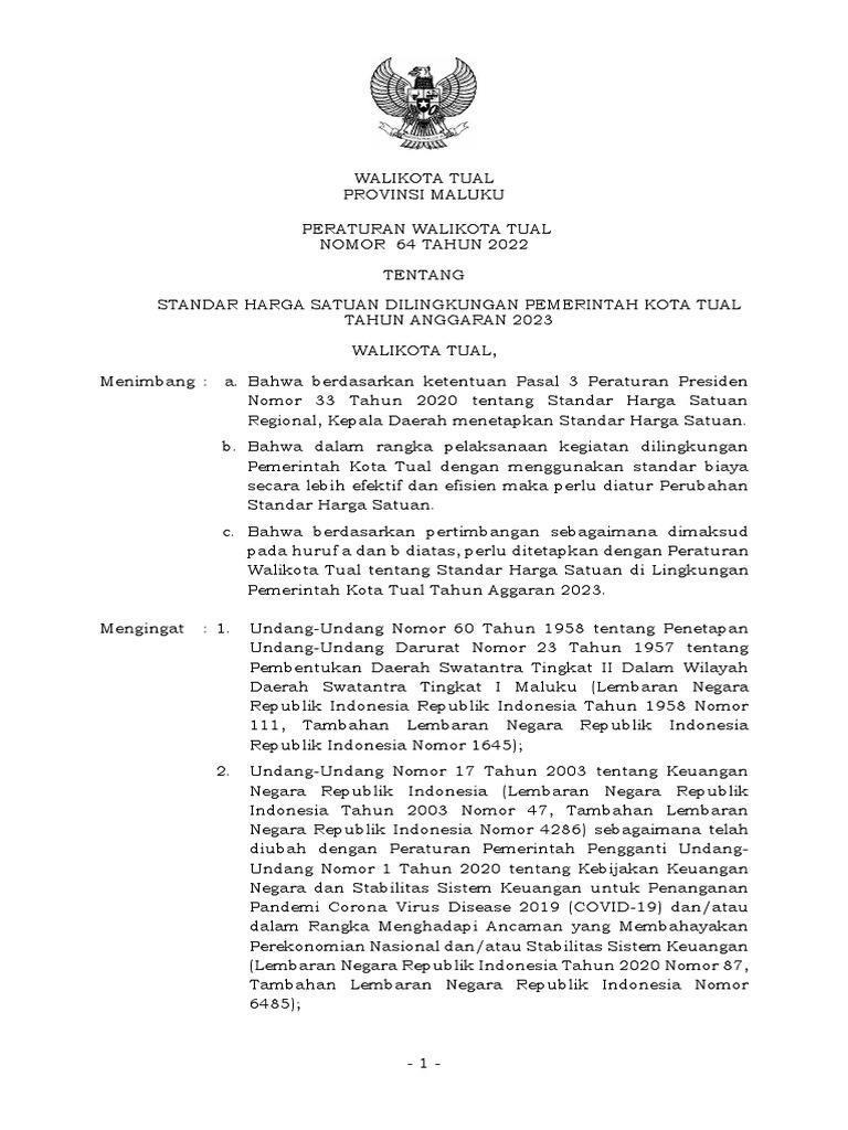 01 Perwal No 64 Tahun 2022 Tentang SHSR Ta. 2023 | PDF | Pengelolaan ...