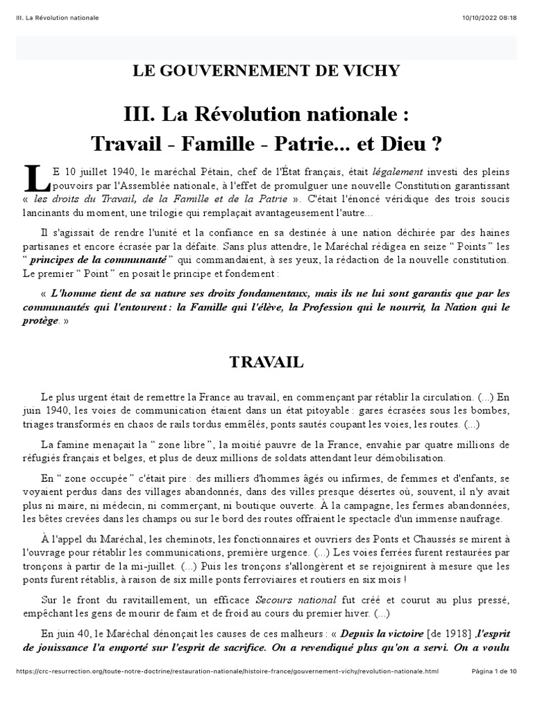 La Révolution nationale sous Vichy | PDF | France de Vichy | Marie ...