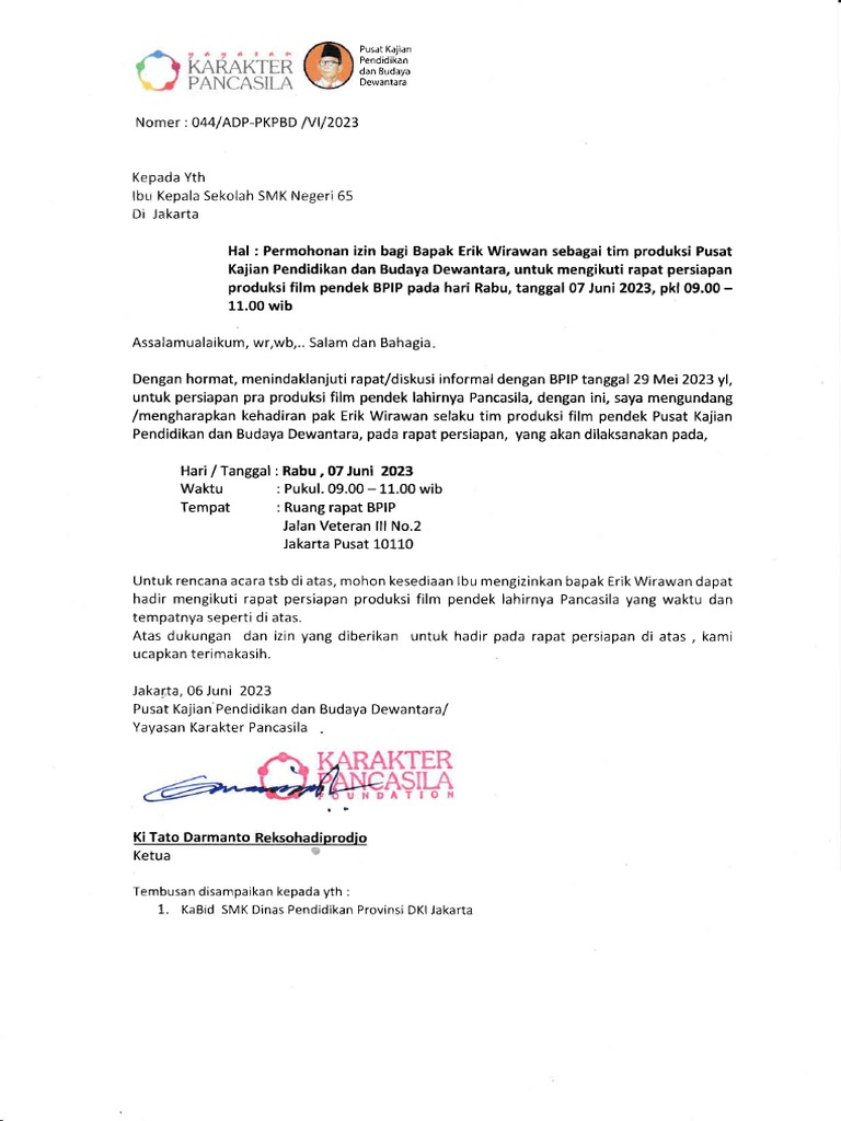 Surat 44 SMKN 65 - BPIP 2023 | PDF