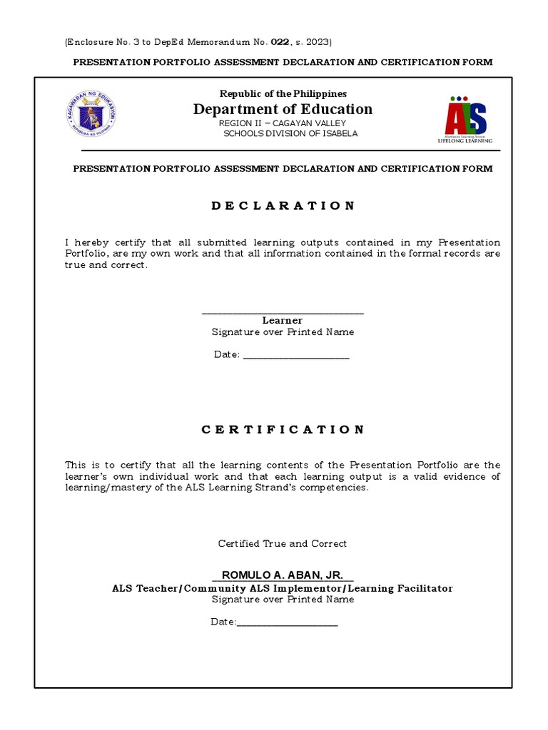 Enclosure No. 3 Declaration and Certification Form | PDF