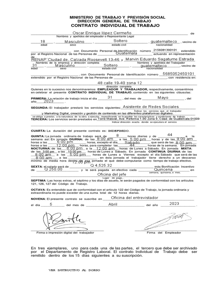 Contrato Individual de Trabajo, Editado | PDF | Salario | Tiempo de trabajo